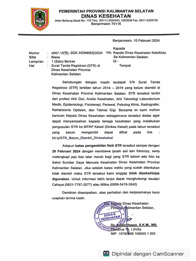 Surat Tanda Registrasi Di Dinkes Prov Kalsel | PDF
