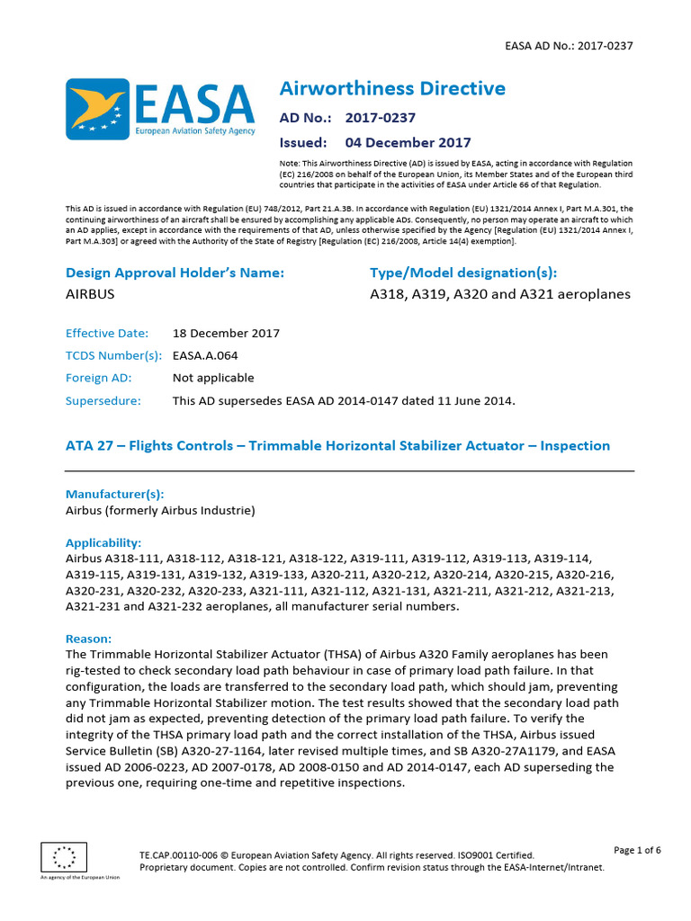 Airworthiness Directive: Design Approval Holder's Name: Type/Model ...