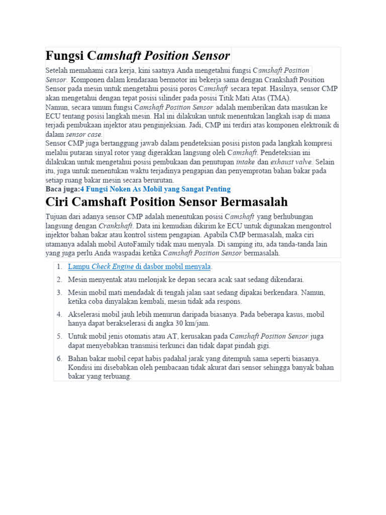 Fungsi Sensor Posisi Camshaft pada Mesin | PDF