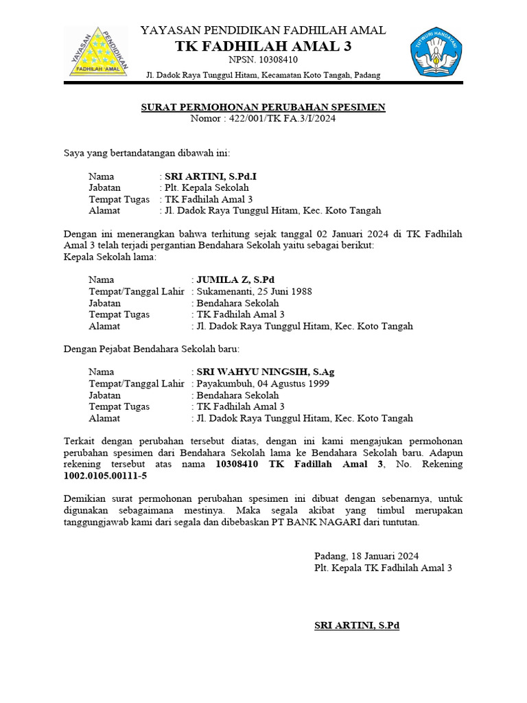 Surat Pergantian Spesimen Bendahara | PDF