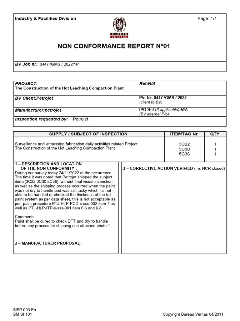 Non Conformity Report 01 | PDF