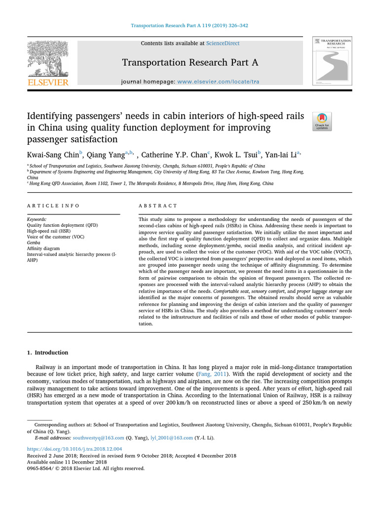 Identifying Passengers' Needs in Cabin Interiors of High-Speed Rails in China Using Quality ...