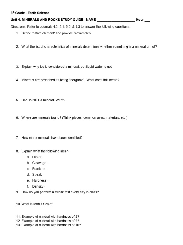 Unit 4 Rocks and Minerals Study Guide | PDF | Rock (Geology) | Igneous Rock