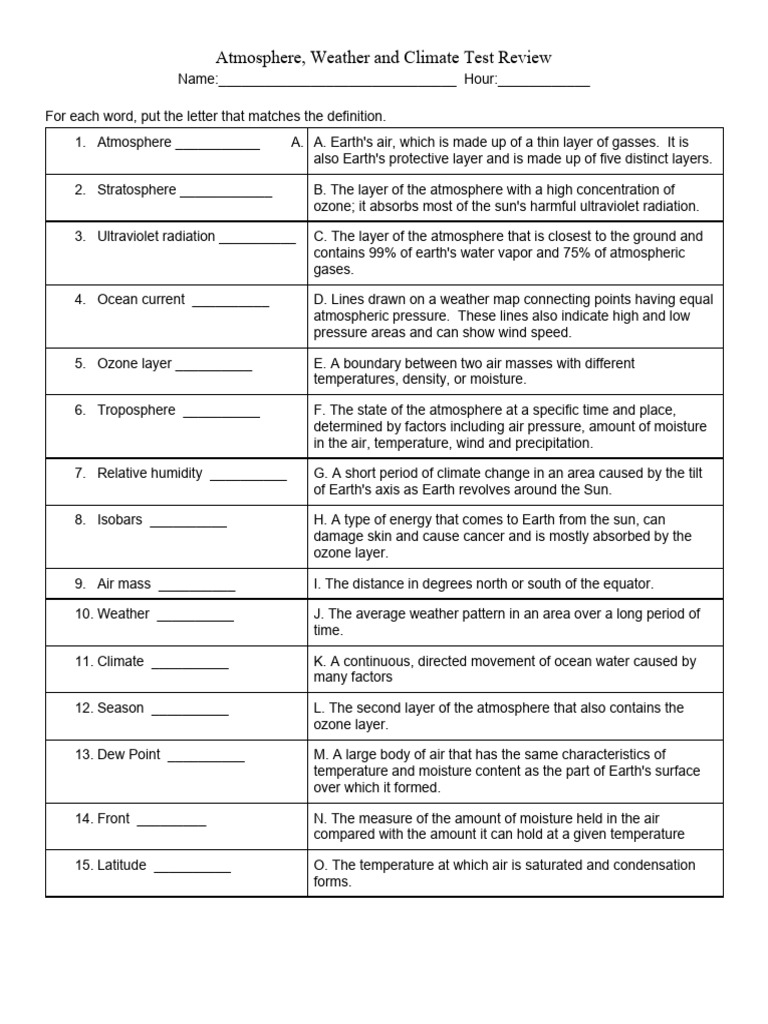 Atmosphere, Weather and Climate Test Review | PDF | Atmosphere Of Earth ...