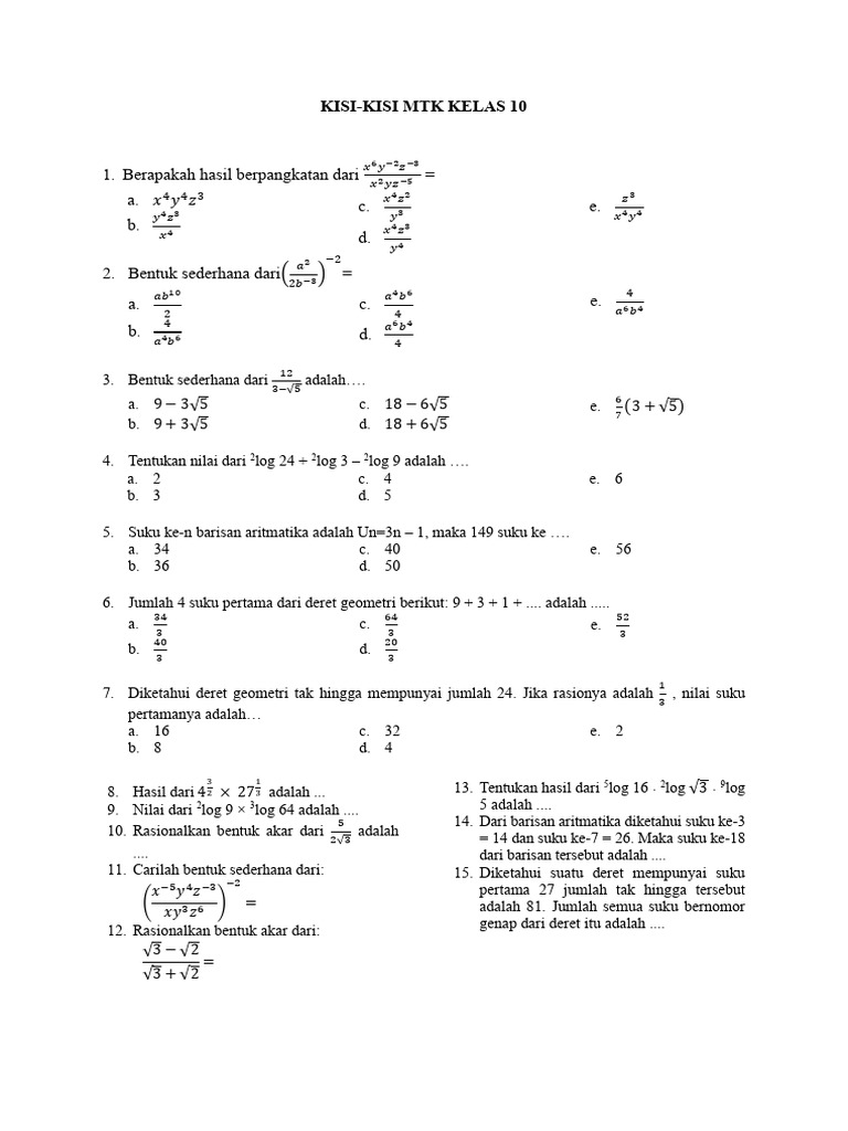 Kisi-Kisi Soal Kelas 10 | PDF