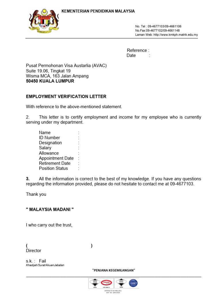 Employment Verification Letter Untuk VISA Ke Australia | PDF | Business