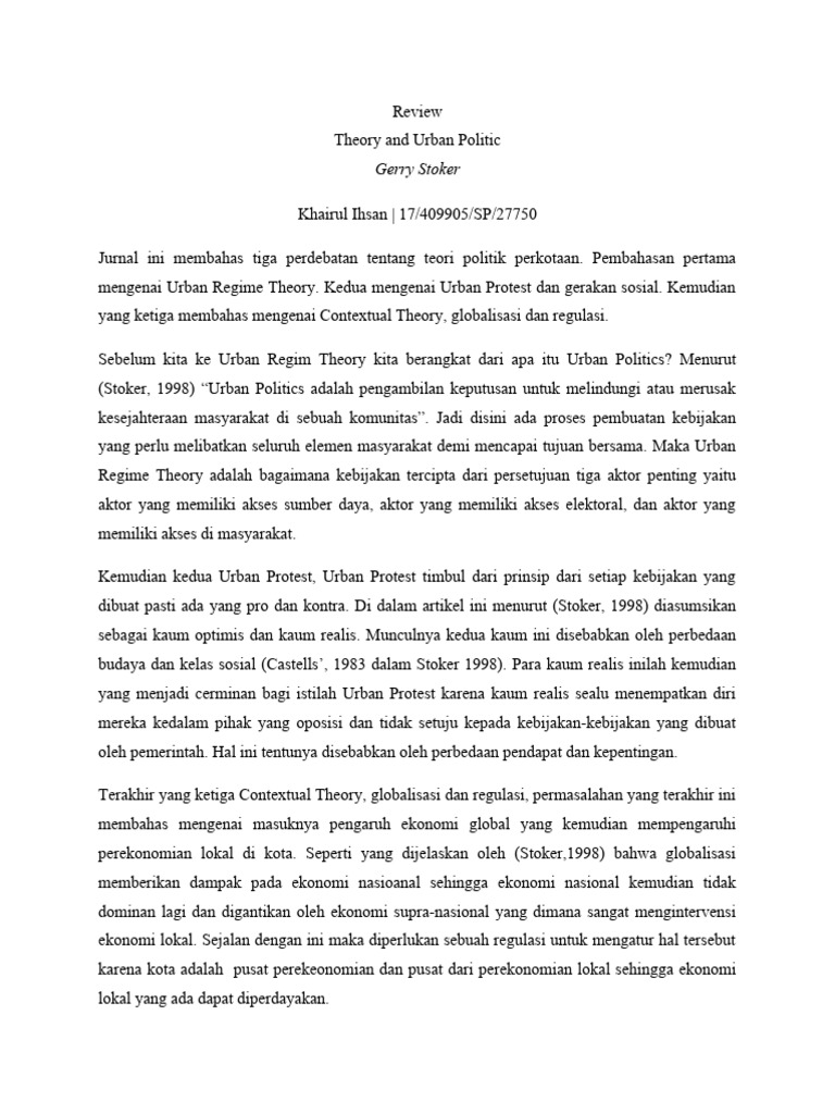 Review Theory and Urban Politic, Gerry Stoker | PDF