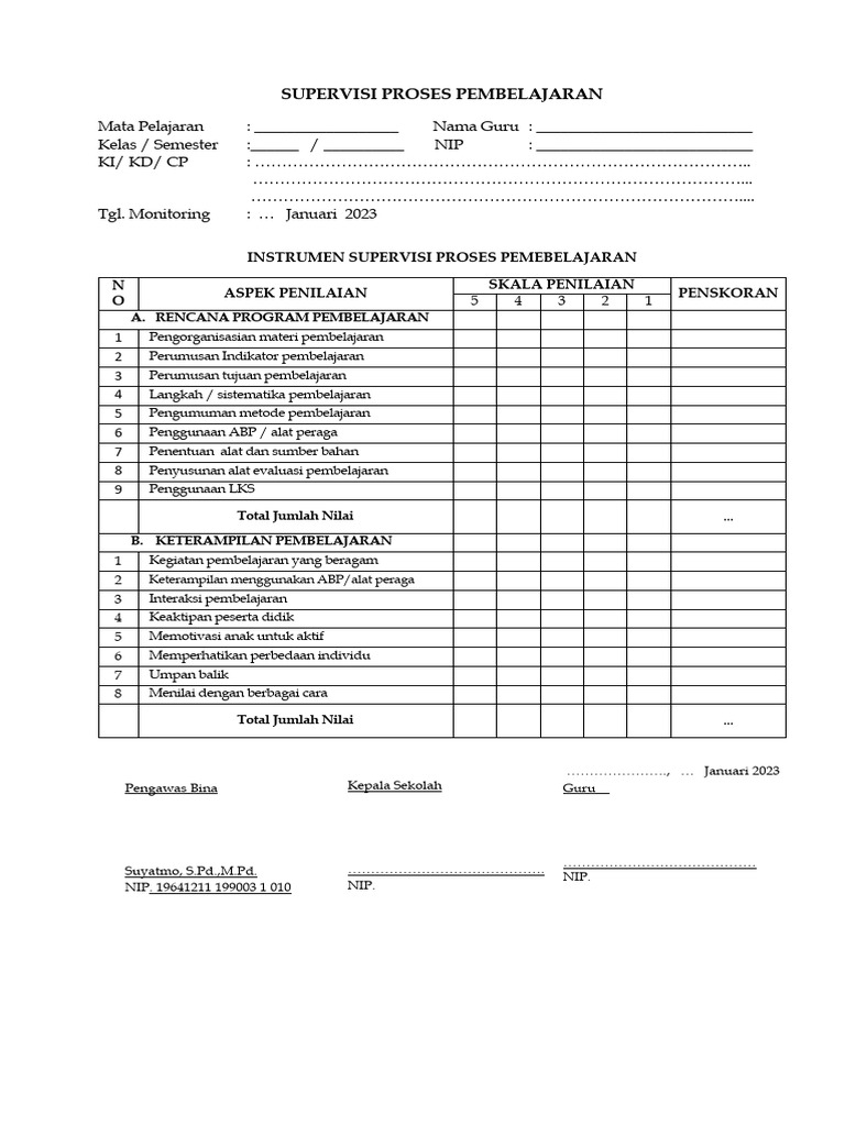 Instrumen Supervisi KBM-2023 | PDF