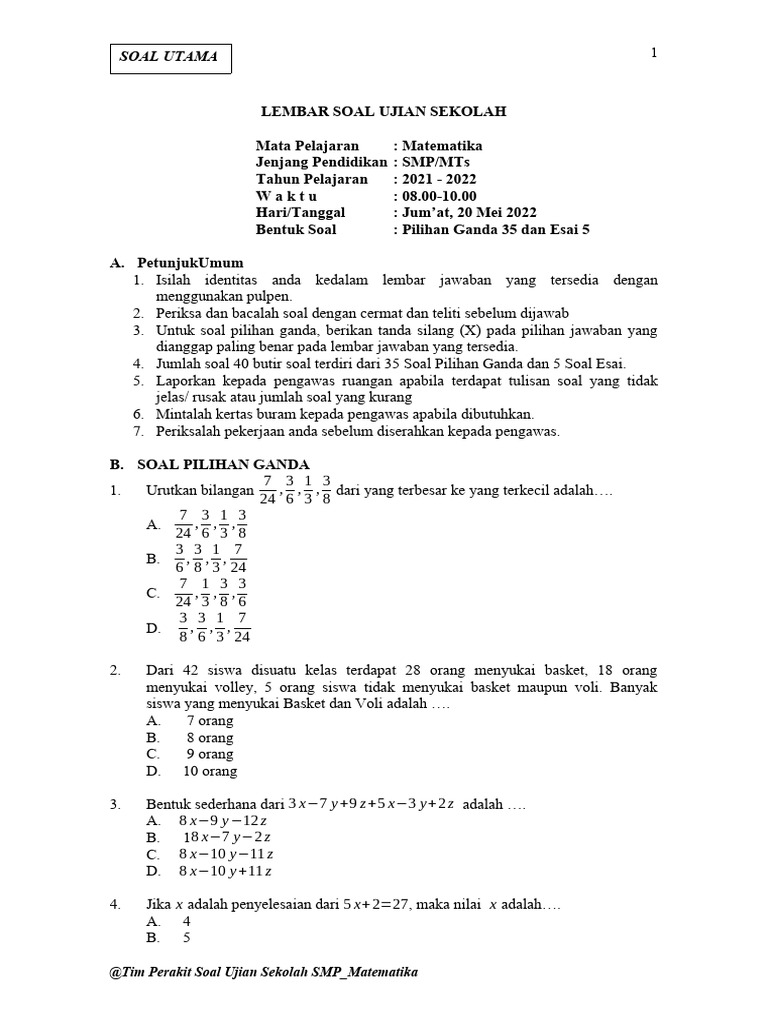 Soal Utama Us Matematika - 2022 | PDF