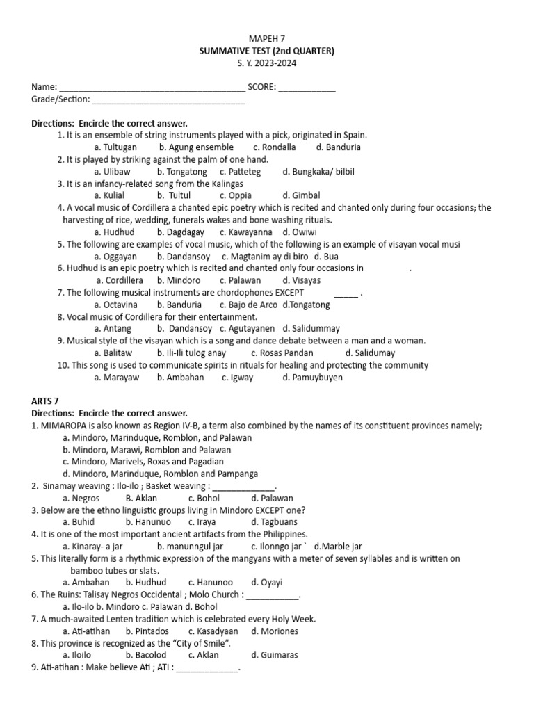 MAPEH Grade 7 2nd Quarter Exam | PDF