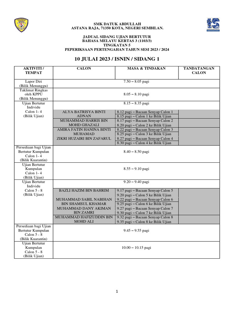 Jadual Sidang Ujian Bertutur BM PPT T5 2023 - 2024 | PDF