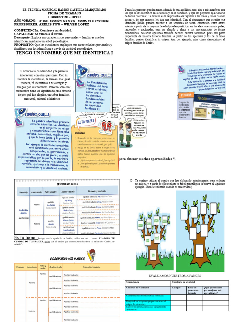 DPCC - 2DO SEC, FICHA 3 TENGO UN NOMBRE QUE ME IDENTIFICA I (3 Al 7 de Abril) | PDF | Cognición ...