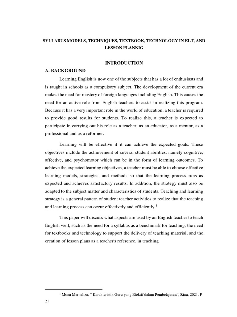 Syllabus Models, Techniques, Textbook, Technology in Elt, and Lesson ...