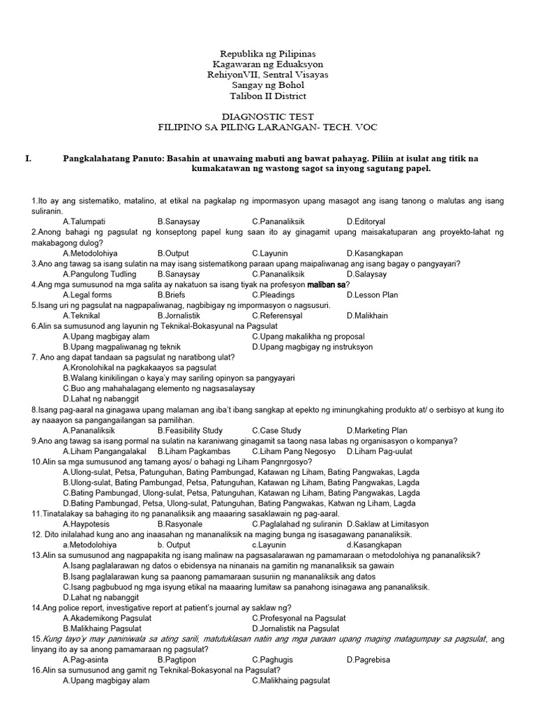 Diagnostic Test - Filipino Sa Piling Larangan-Tech - Voc | PDF