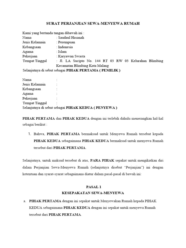 Surat Perjanjian Sewa-Menyewa Rumah Singosari | PDF