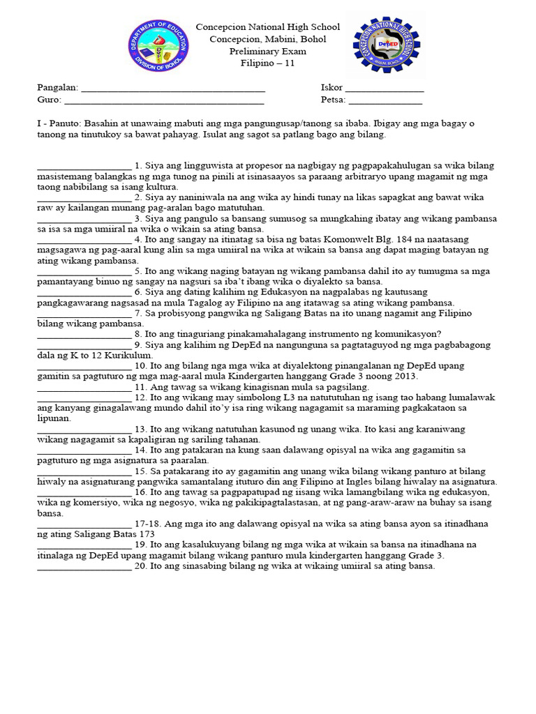 Pre-Lim Filipino - 11 (2023-2024) | PDF