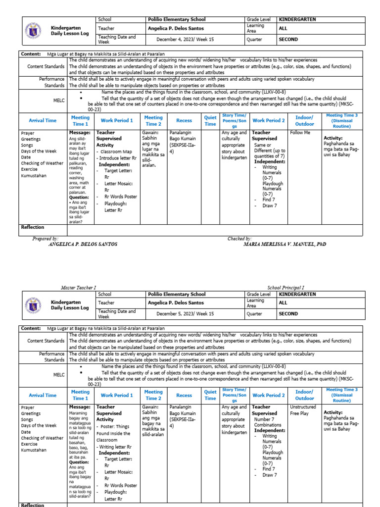 Kindergarten Daily Lesson Log: Week 15 | PDF