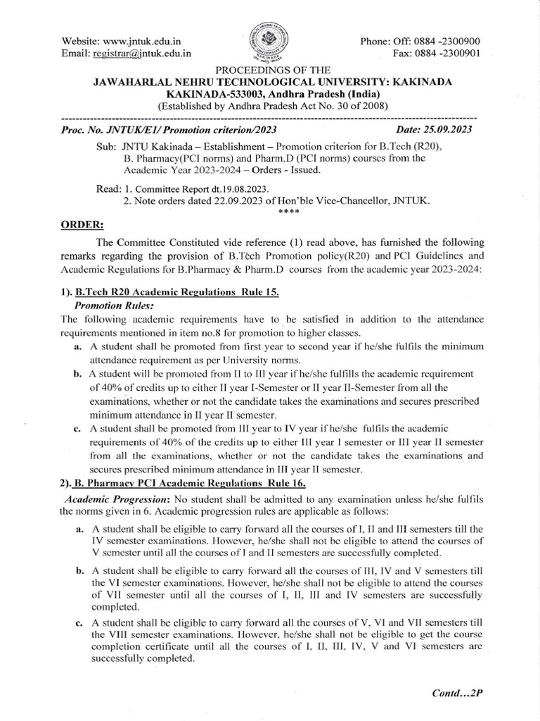 Promotion Cretiria For B.techR20 B.pharmacy and Pharm.D 2023 24 | PDF