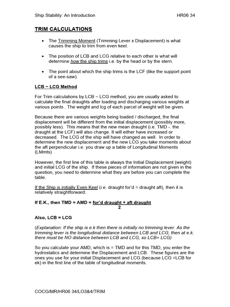 TRIM CALCULATIONS (LCB LCG Method) | PDF | Naval Architecture | Applied ...