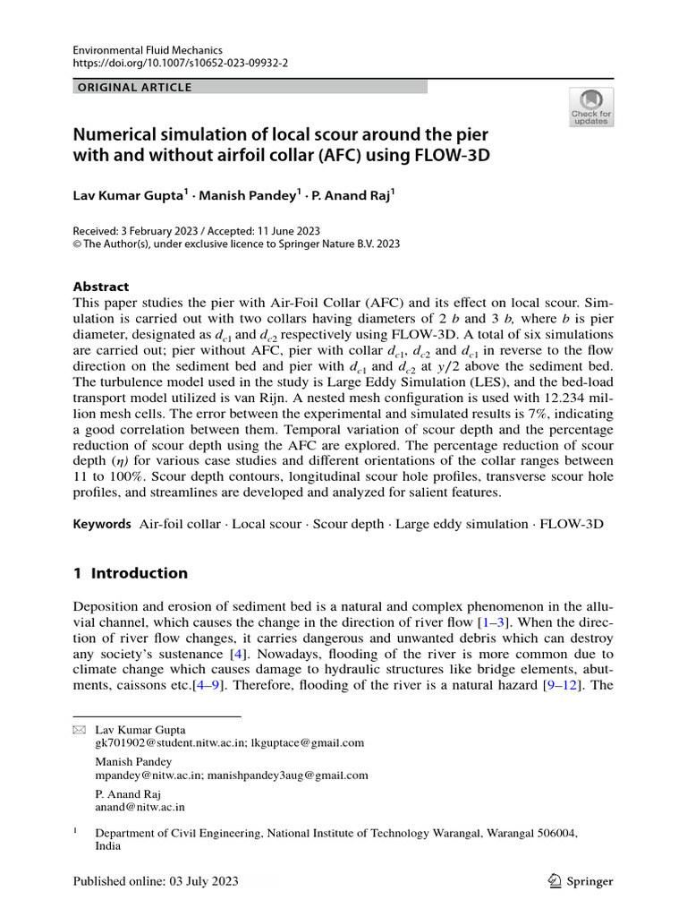 Numerical Simulation of Local Scour Around The Pier With and Without Airfoil Collar (AFC) Using ...