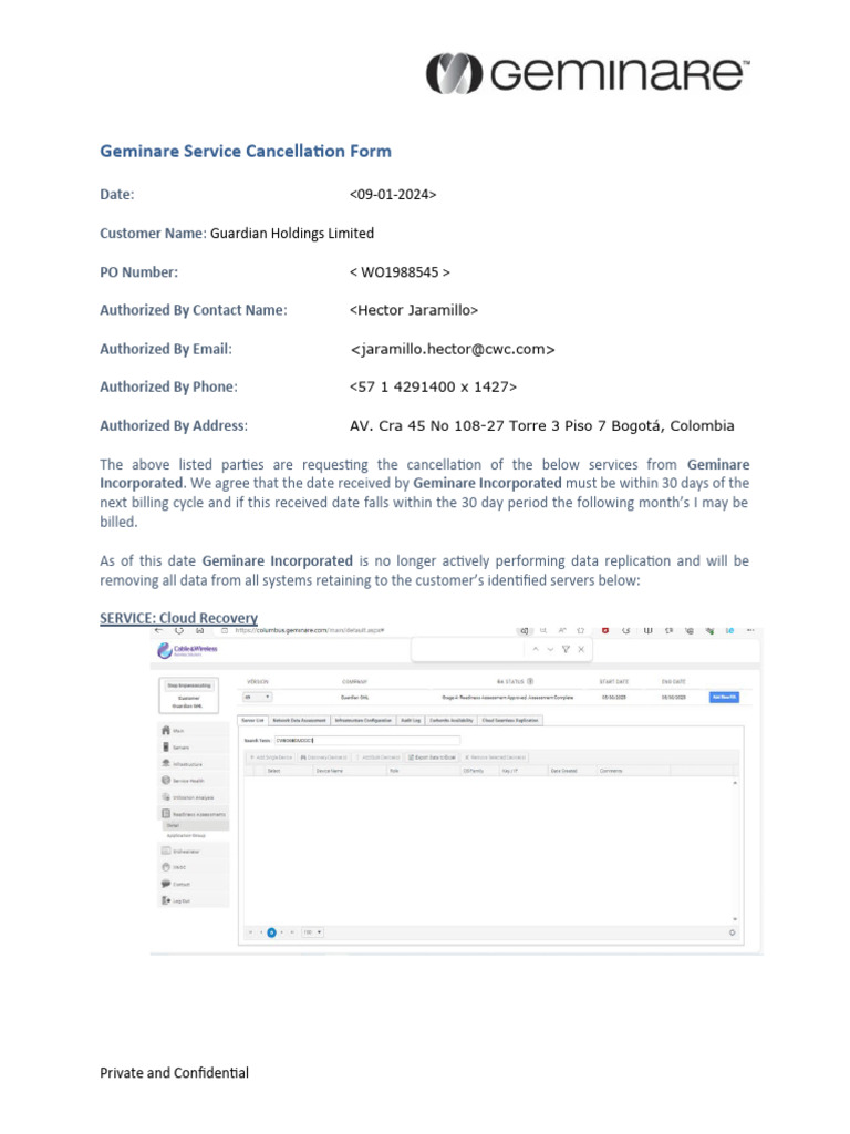 Geminare Service Cancellation Form Customers - GHL | PDF