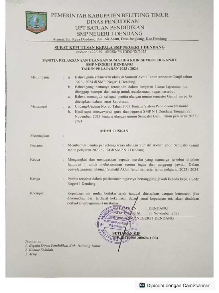 SK Ulangan Sumatif Akhir Semester Ganjil 2023-2024 | PDF