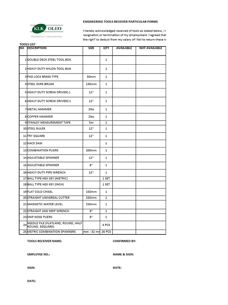 P26 P34 Tools Checklist REV (Sample) | PDF | Screw | Tools