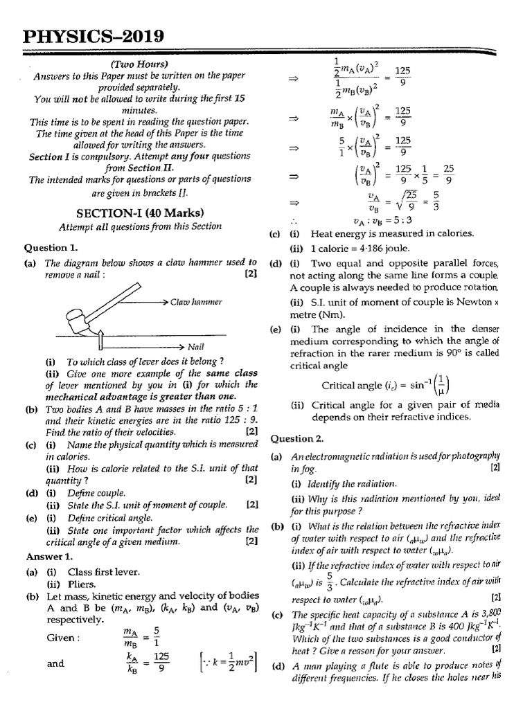 ICSE Physics Solved Paper 2019 | PDF