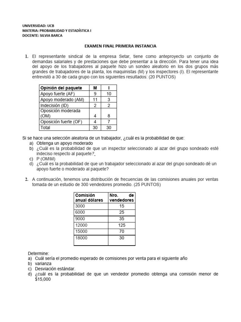 Examen Final de Probabilidad y Estadística | PDF | Negocios | Finanzas y dinero