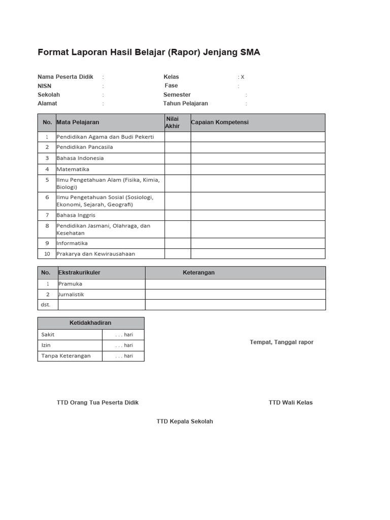Format Rapor Kurikulum Merdeka SMA | PDF