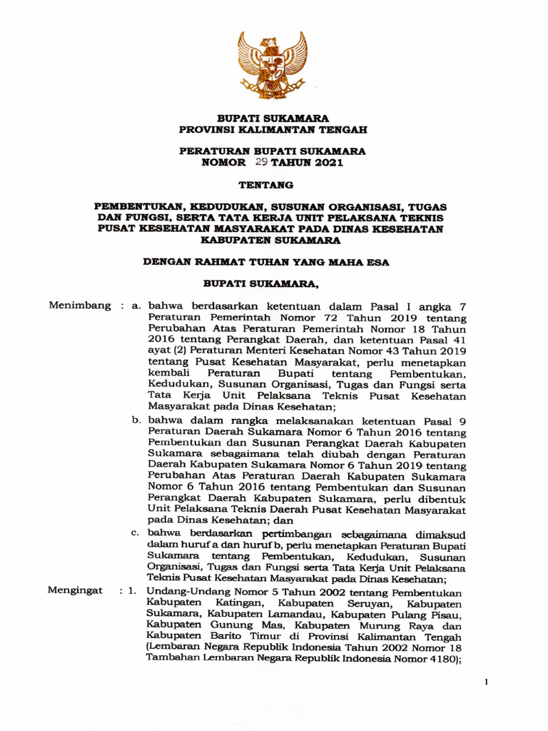 Perbup No. 29 Tahun 2021 TTG Pembtkn, Keddkn, Susunan, Orga, Tupoksi Upt Puskesmas PD Dinas Kes ...