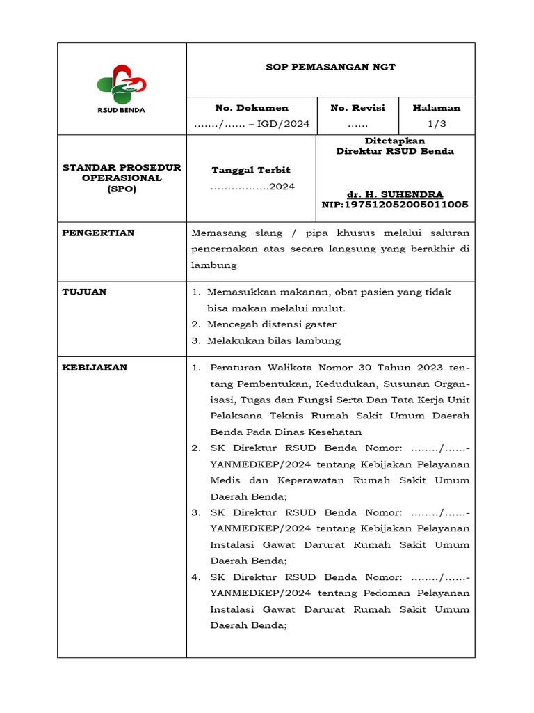 Spo Pemasangan NGT Igd Benda | PDF