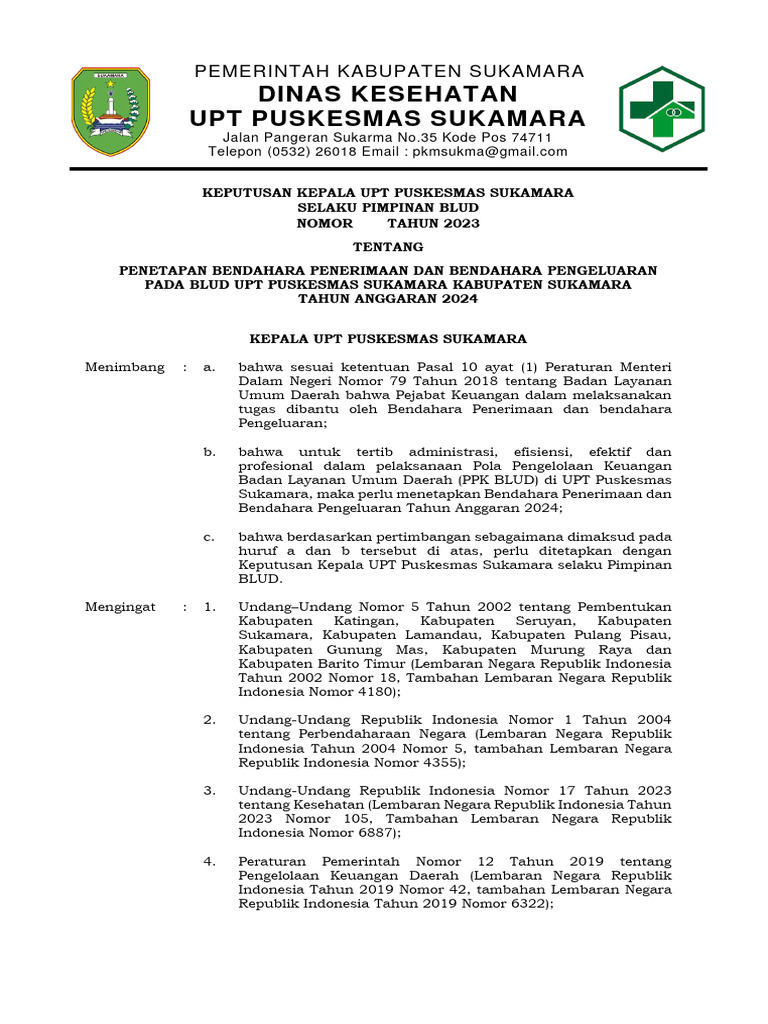 Contoh SK Bendahara Blud Final | PDF