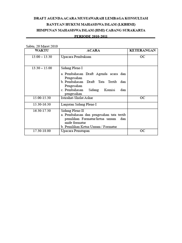 Rancangan Agenda Acara Musyawarah Lembaga Konsultasi Bantuan Hukum ...
