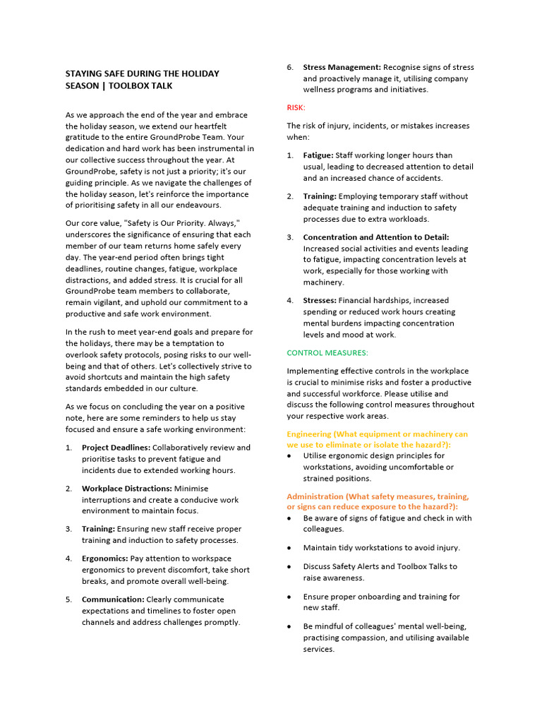 Holiday Safety Toolbox Talk | PDF | Human Factors And Ergonomics ...