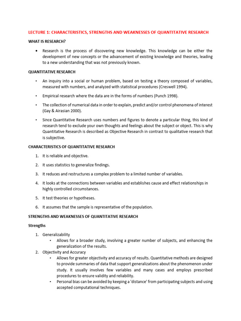 Lecture 1 - Characteristics - Strengths and Weaknesses of Quantitative ...