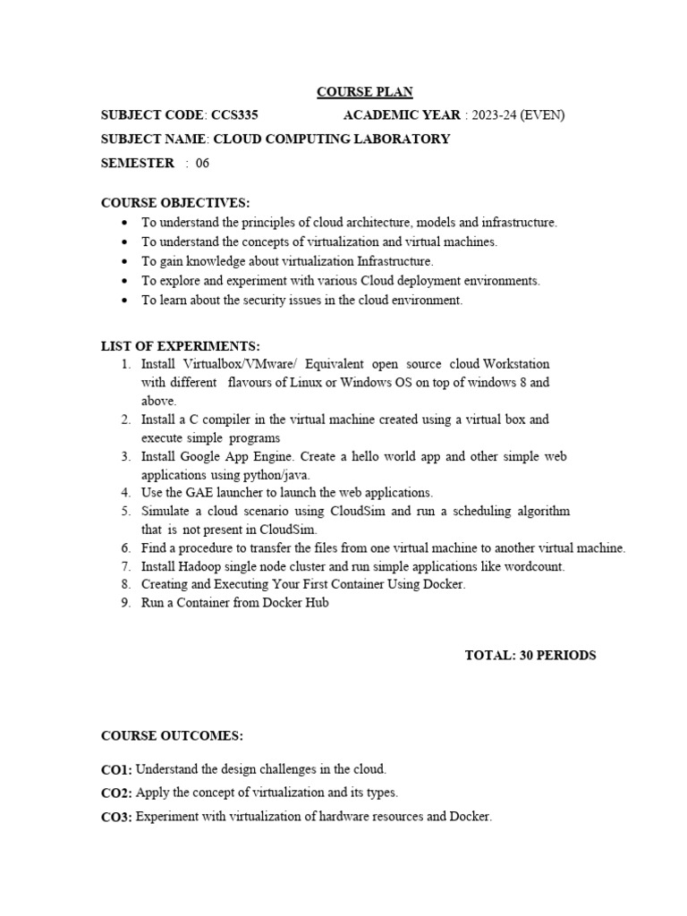 Course Plan-Cloud Lab | Download Free PDF | Cloud Computing | Virtual Machine
