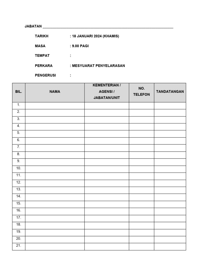 Contoh Borang Kehadiran | PDF