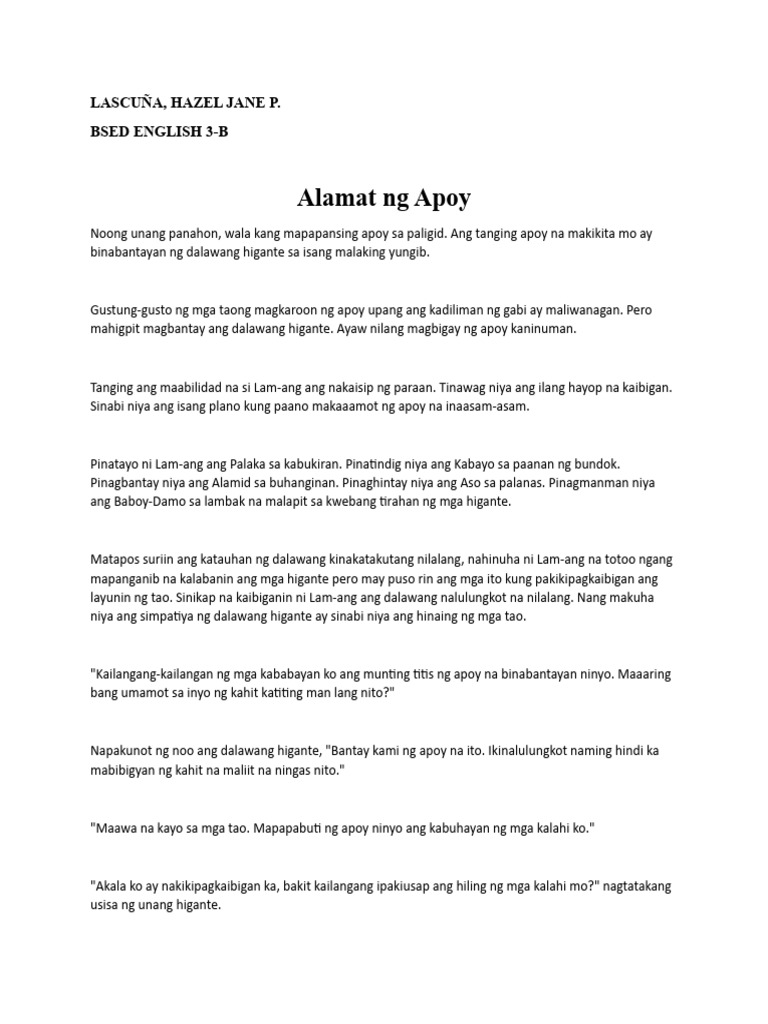 Alamat NG Apoy: Lascuña, Hazel Jane P. Bsed English 3-B | PDF