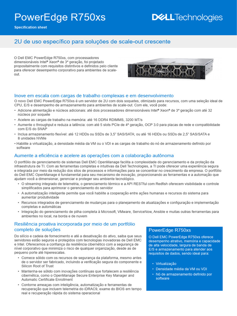 Dell EMC PowerEdge R750xs 15G Spec Sheet | PDF | Disco de estado sólido ...