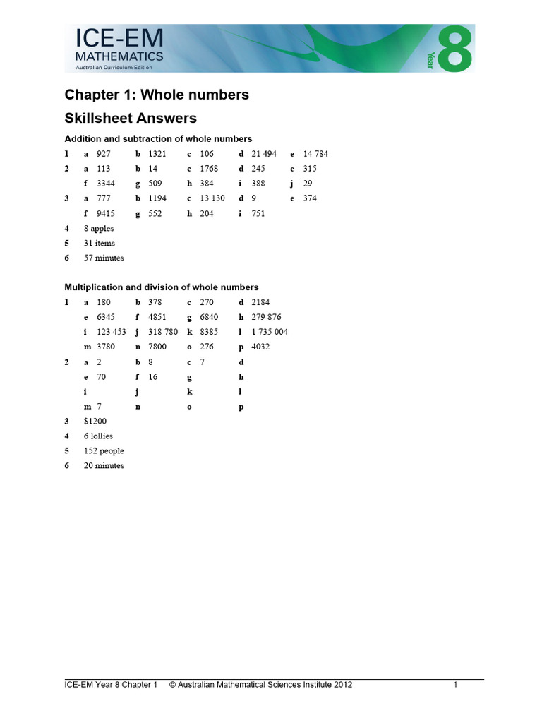 ICE-EM_Year_8_Chapter_1_Skillsheet_Solutions | PDF