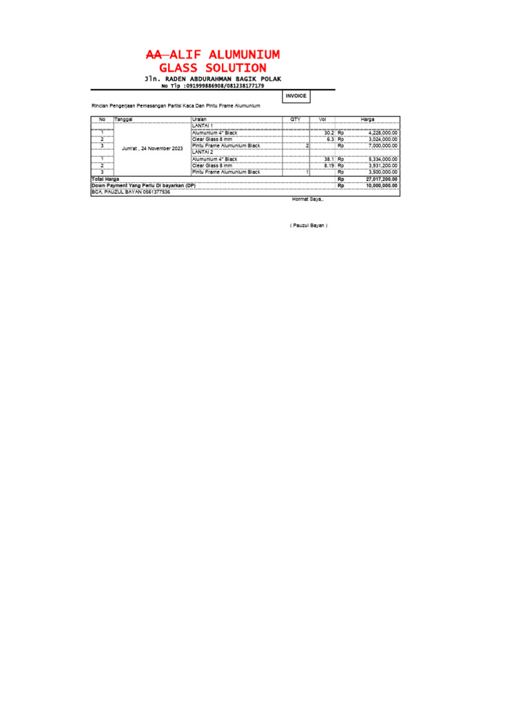 Invoice Partisi Kaca | PDF