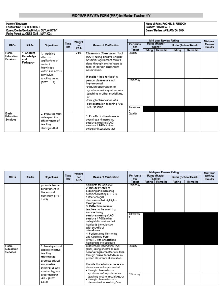 Mid-Year Review Form 2023-2024 | PDF | Mentorship | Teachers
