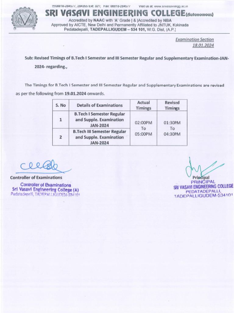 Revised Timing (B.tech I Sem & III Sem Regular & Supply Exams Jan2024) | PDF