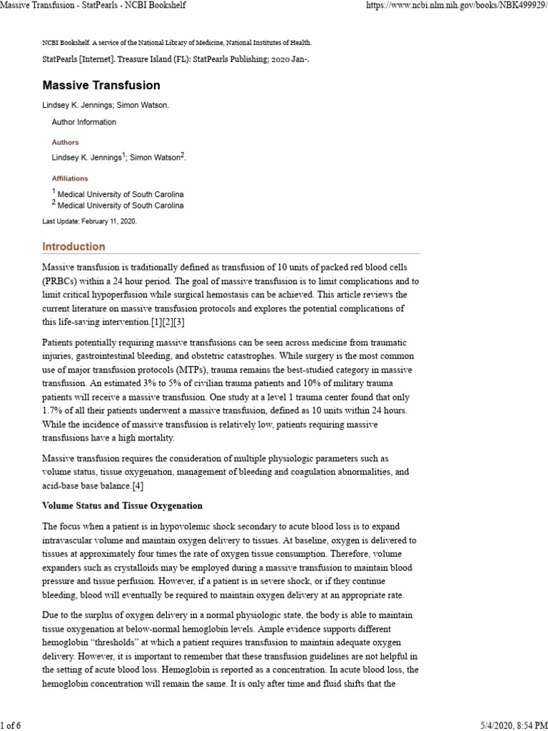 Massive Transfusion - StatPearls - NCBI Bookshelf | PDF | Blood ...