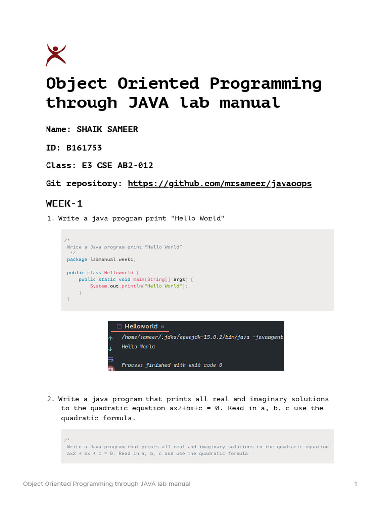 B161753 - Shaik Sameer - Oops - Week1&2 | PDF | Quadratic Equation | Computer Programming