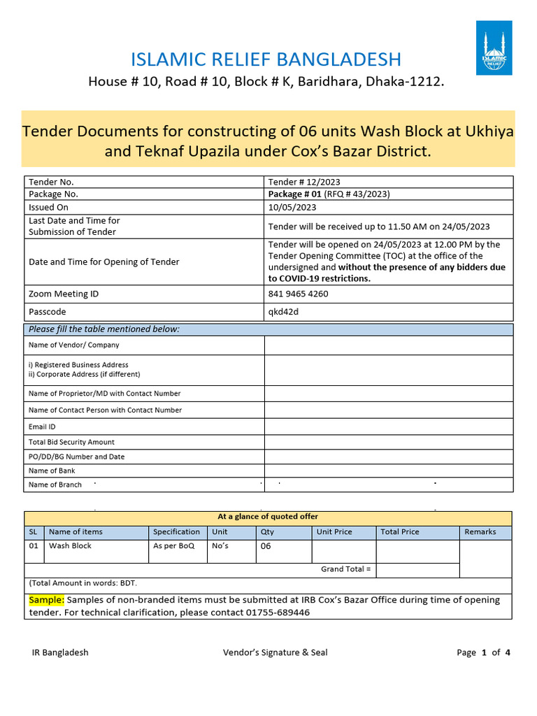 Package 01 of Tender 12 in 2023, Wash Block | PDF | Pipe (Fluid ...
