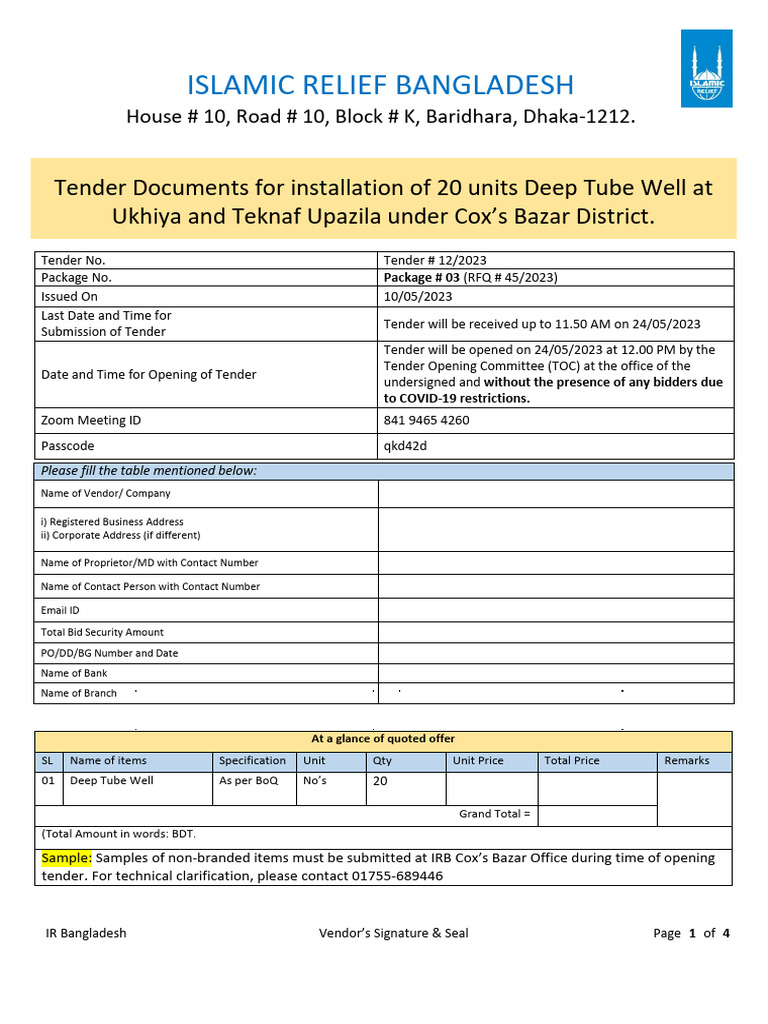 Tender for Deep Tube Well Installation | PDF | Pipe (Fluid Conveyance ...