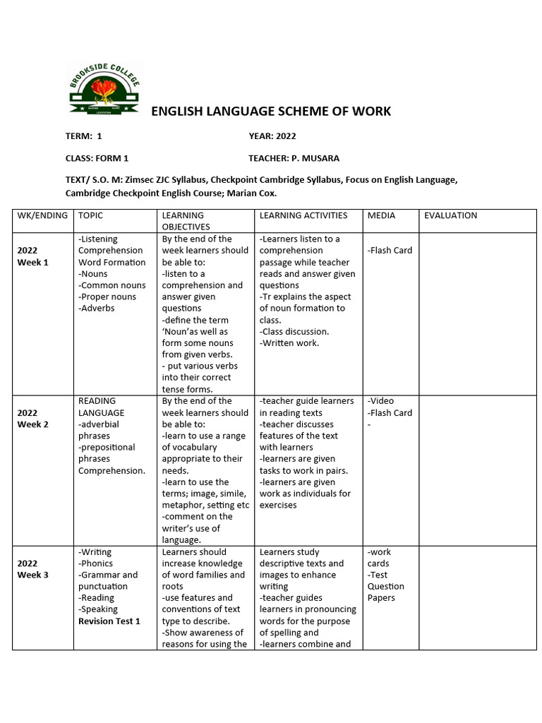 Form 1english Scheme Term1 | PDF | Reading Comprehension | Vocabulary