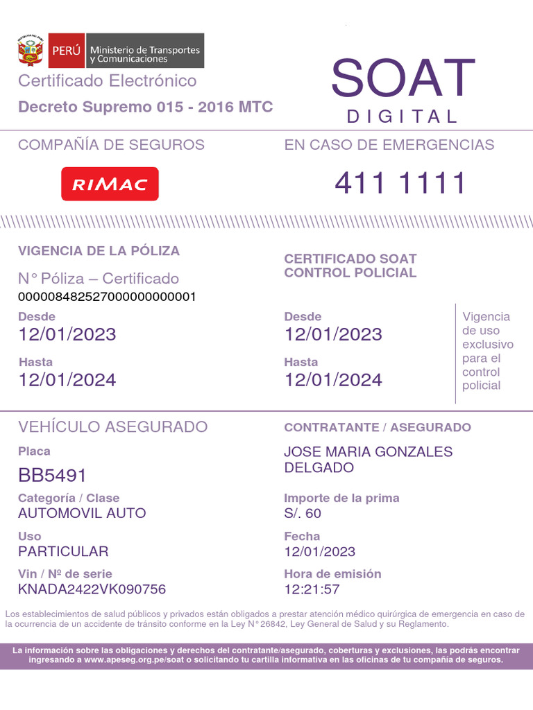 Constancia Electronica20230112122348641 Soat | PDF | Seguro de vehículo | Seguro